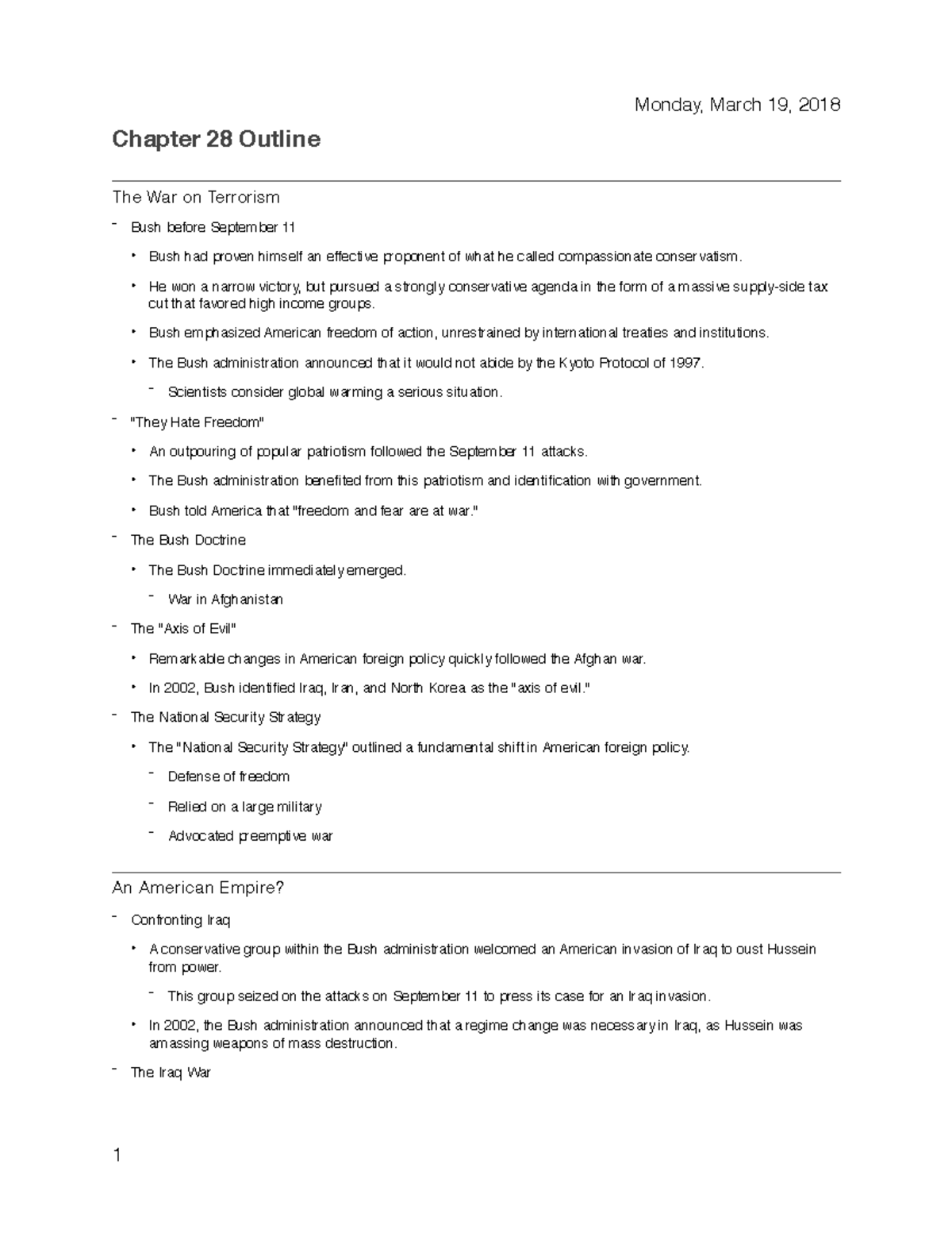 Chapter 28 Outline - Chapter 28 Outline The War on Terrorism - Bush ...