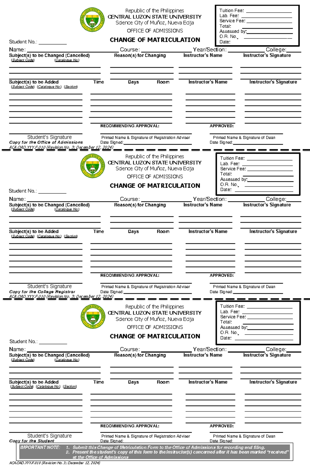 ACA.OAD.YYY.F.010 Change of Matriculation Form - Revision 3 - Studocu