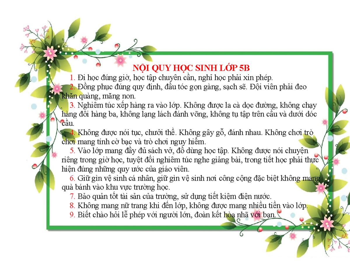 NOI QUY LOP - hoàng - NỘI QUY HỌC SINH LỚP 5B 1. Đi học đúng giờ, học ...