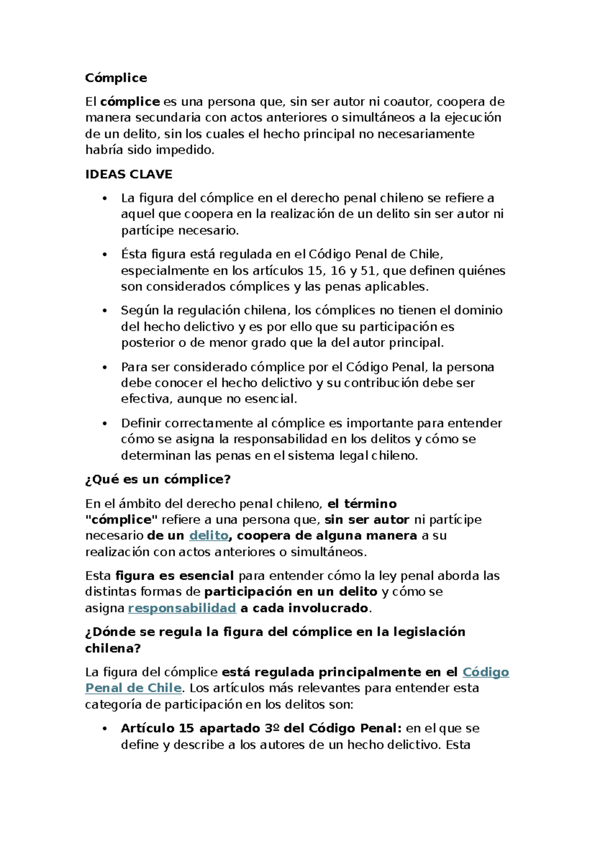 Complice en Derecho Penal Chileno: Conceptos y Regulaciones - Studocu