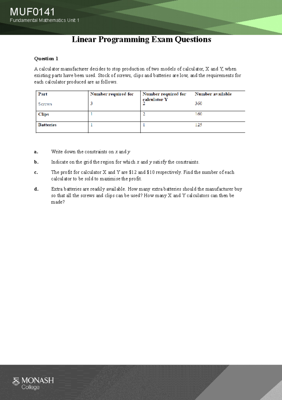 MUF0141 Linear Programming Exam Questions - Linear Programming Exam ...