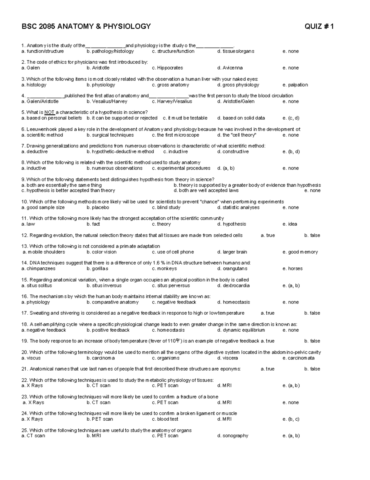 BSC 2085 Anatomy & Physiology Quiz #1 - Studocu