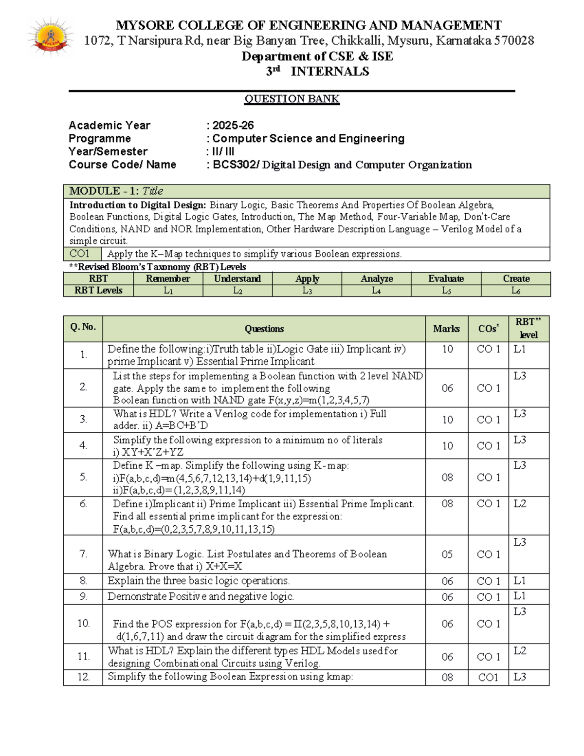 1DDCO Modulewise Question Bank: Digital Design & Computer Organization ...