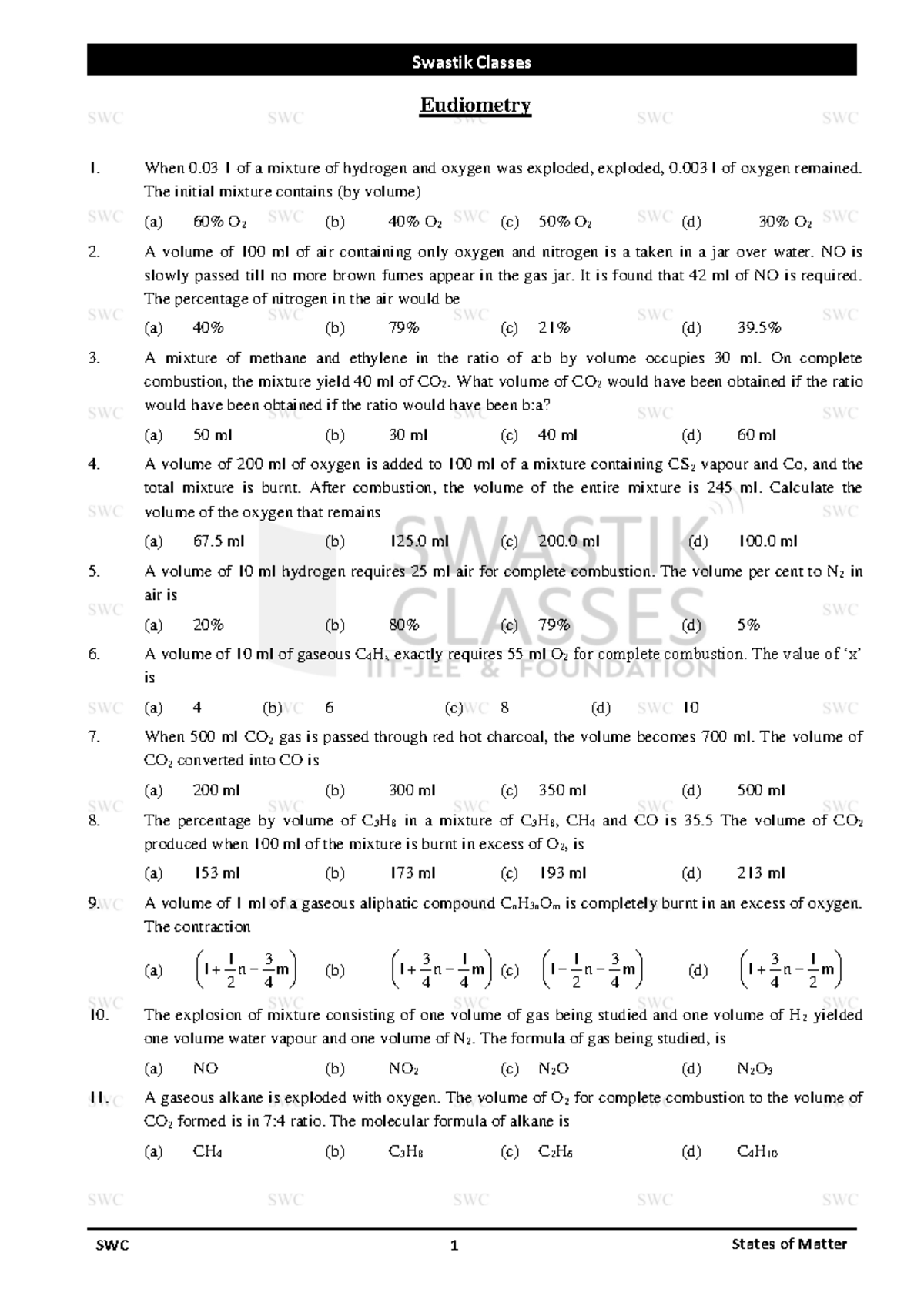 Eudiometry and Stoichiometry Study Notes - Swastik Classes - Studocu