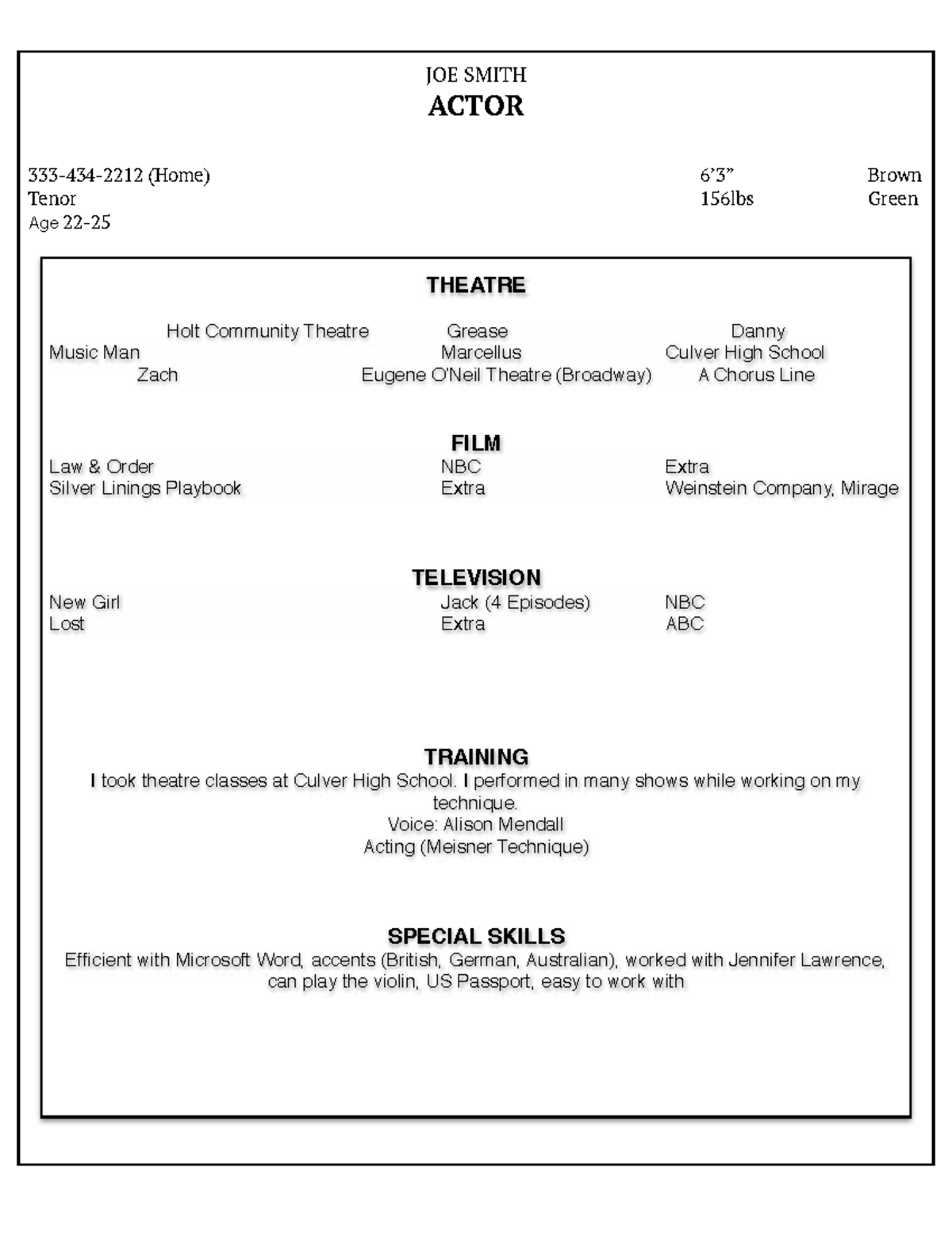 Bad Resume Example - JOE SMITH ACTOR 333-434-2212 (Home) 6’3” Brown ...