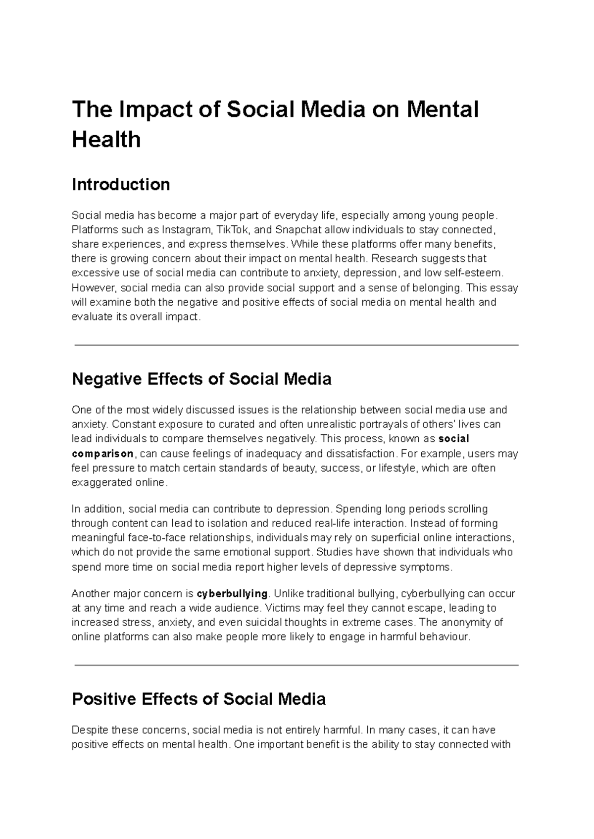 Psych 101 Essay: The Dual Impact of Social Media on Mental Health - Studocu