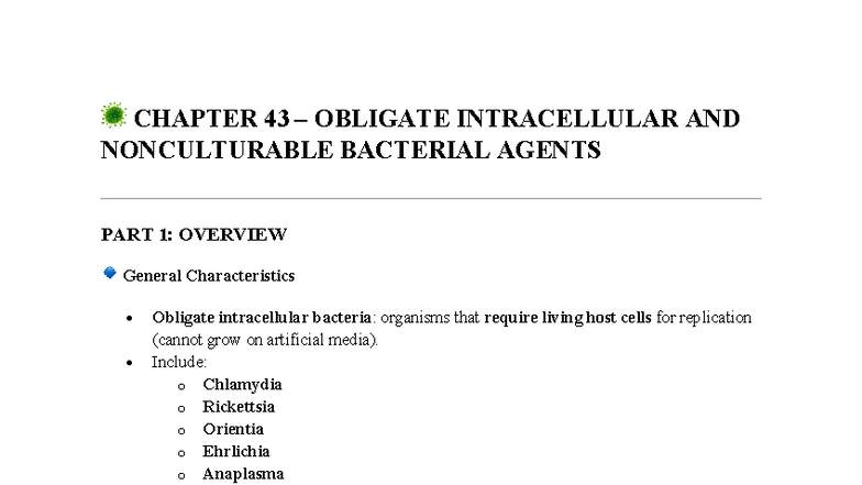 Bacte CH 43-44: Overview of Intracellular Bacteria and Mycoplasma - Studocu