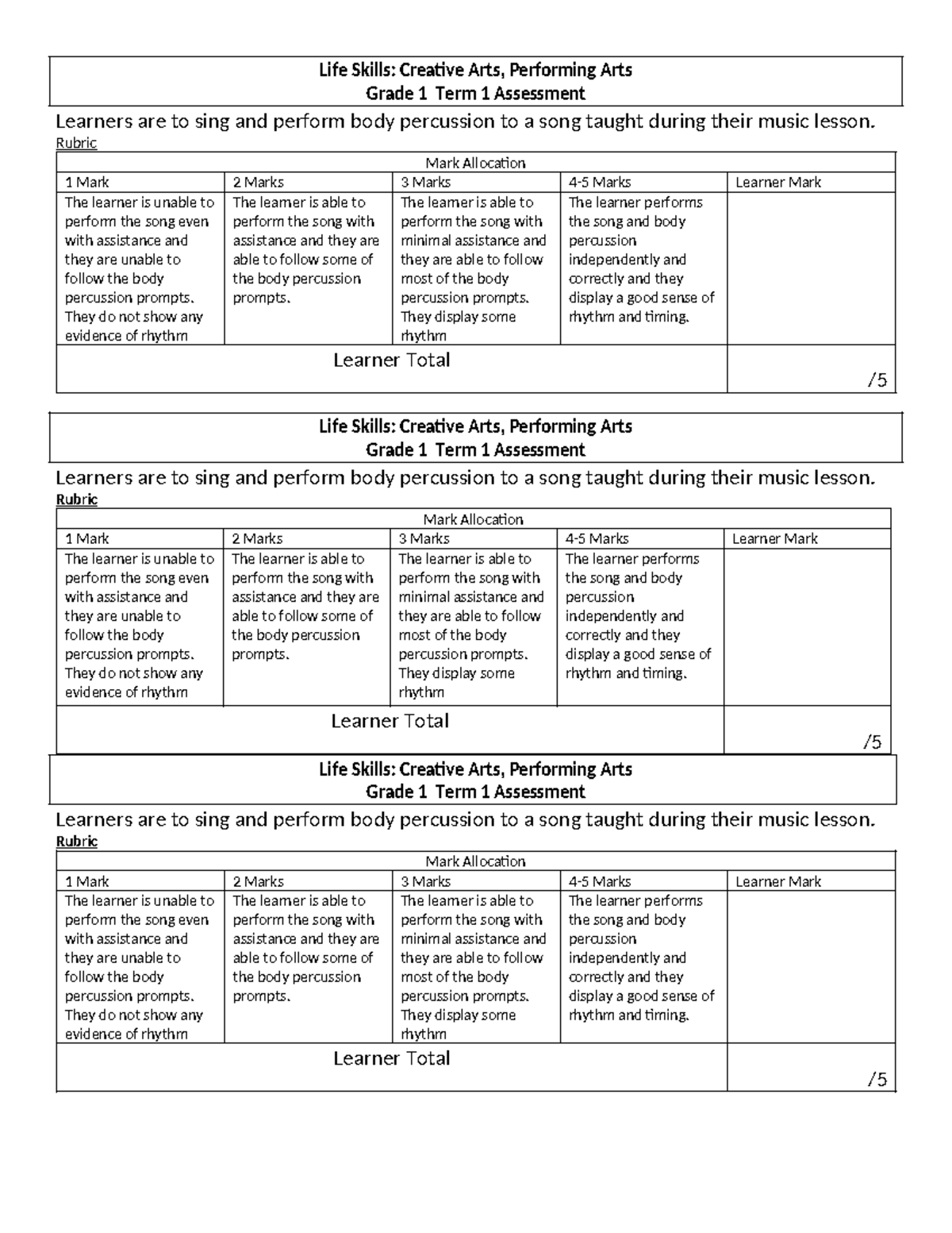 Life Skills: Creative & Performing Arts Grade 1 Term 1 Assessment - Studocu