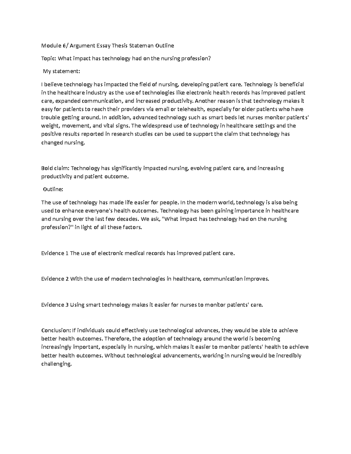 Argument Essay Outline: Technology's Impact on Nursing Profession - Studocu