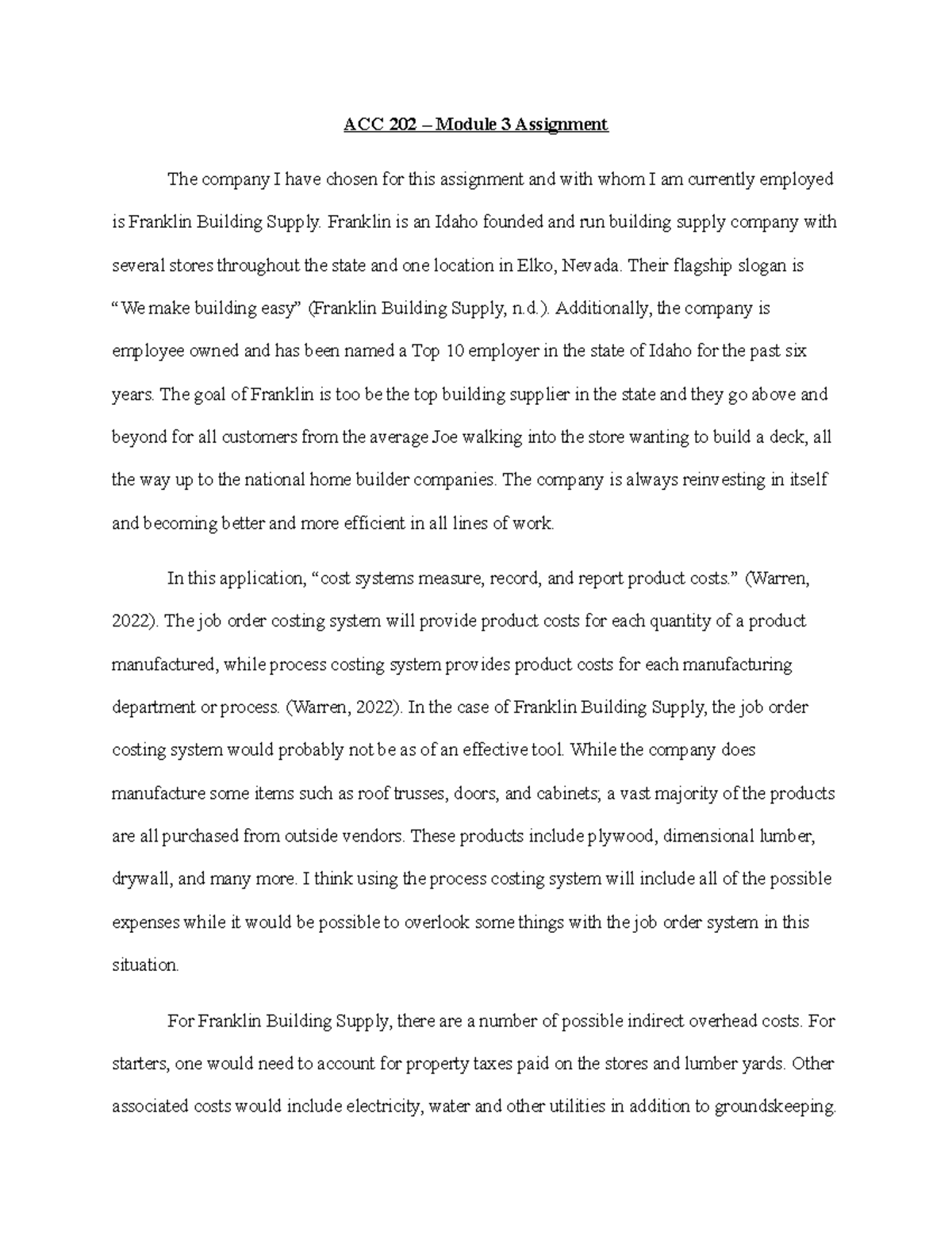 ACC 202 Module 3 Assignment: Costing Systems at Franklin Building ...