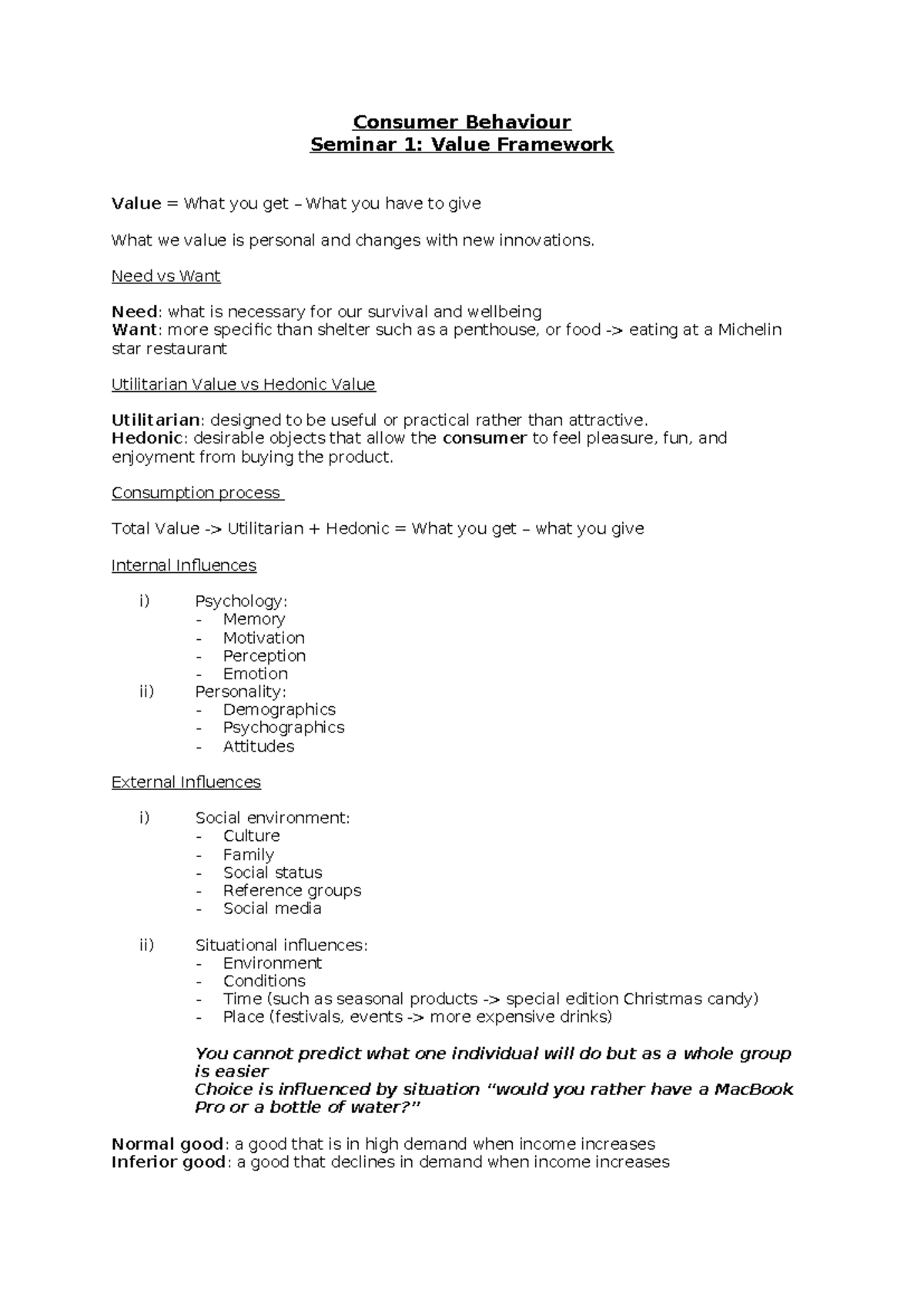 Consumer Behaviour Summary - Consumer Behaviour Seminar 1: Value ...