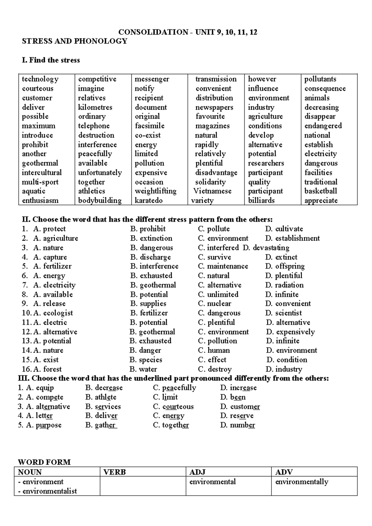 Consolidation Key for Units 9-12: Stress & Phonology I - HS - Studocu