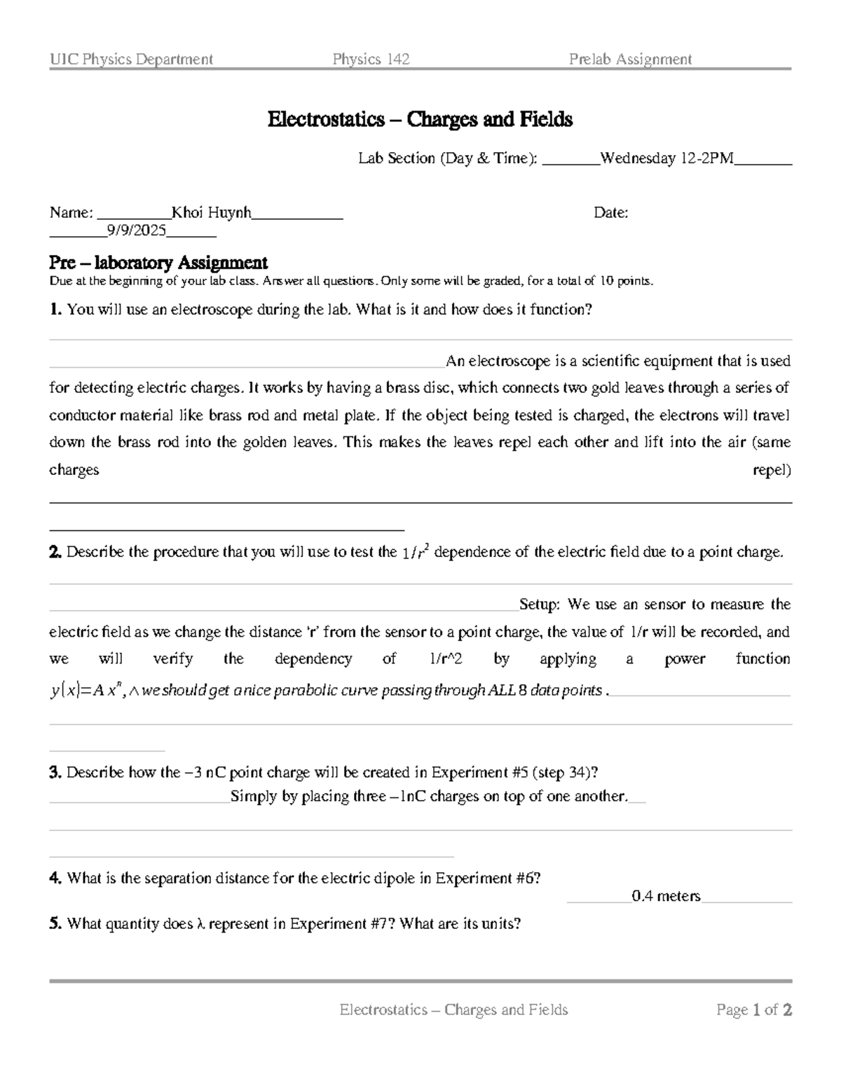 UIC Physics 142 Prelab: Electrostatics Charges & Fields Lab - Studocu