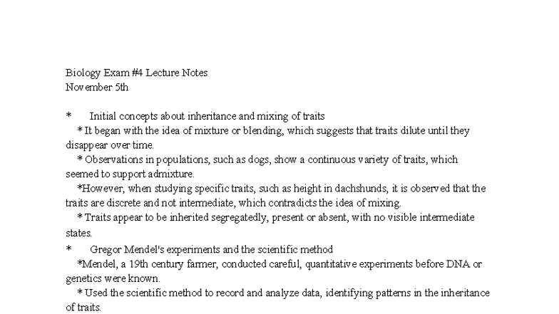 Biology 101: Mendelian Genetics & Inheritance Patterns Lecture Notes ...