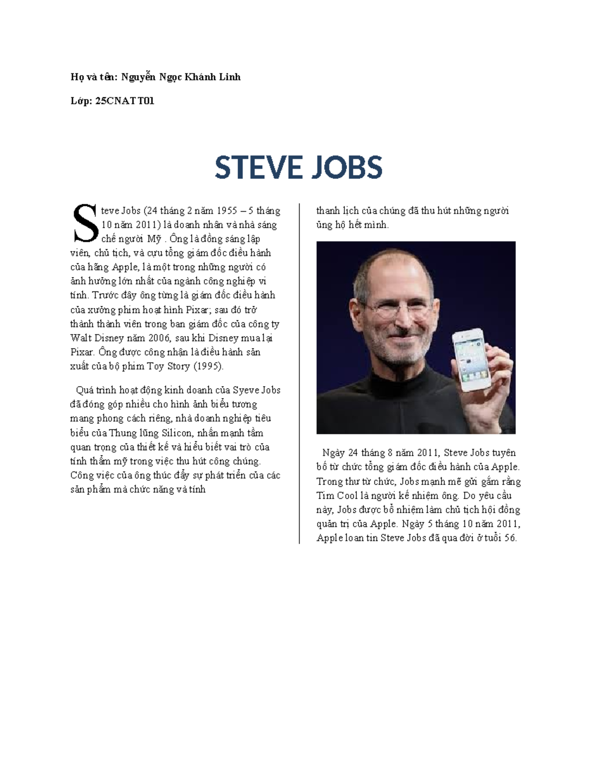 Tiểu sử Steve Jobs - 25CNATT01 - Studocu
