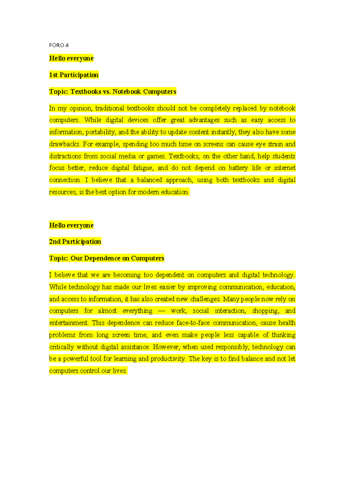 FORO 4 - Textbooks vs. Computers: A Balanced Approach - Studocu