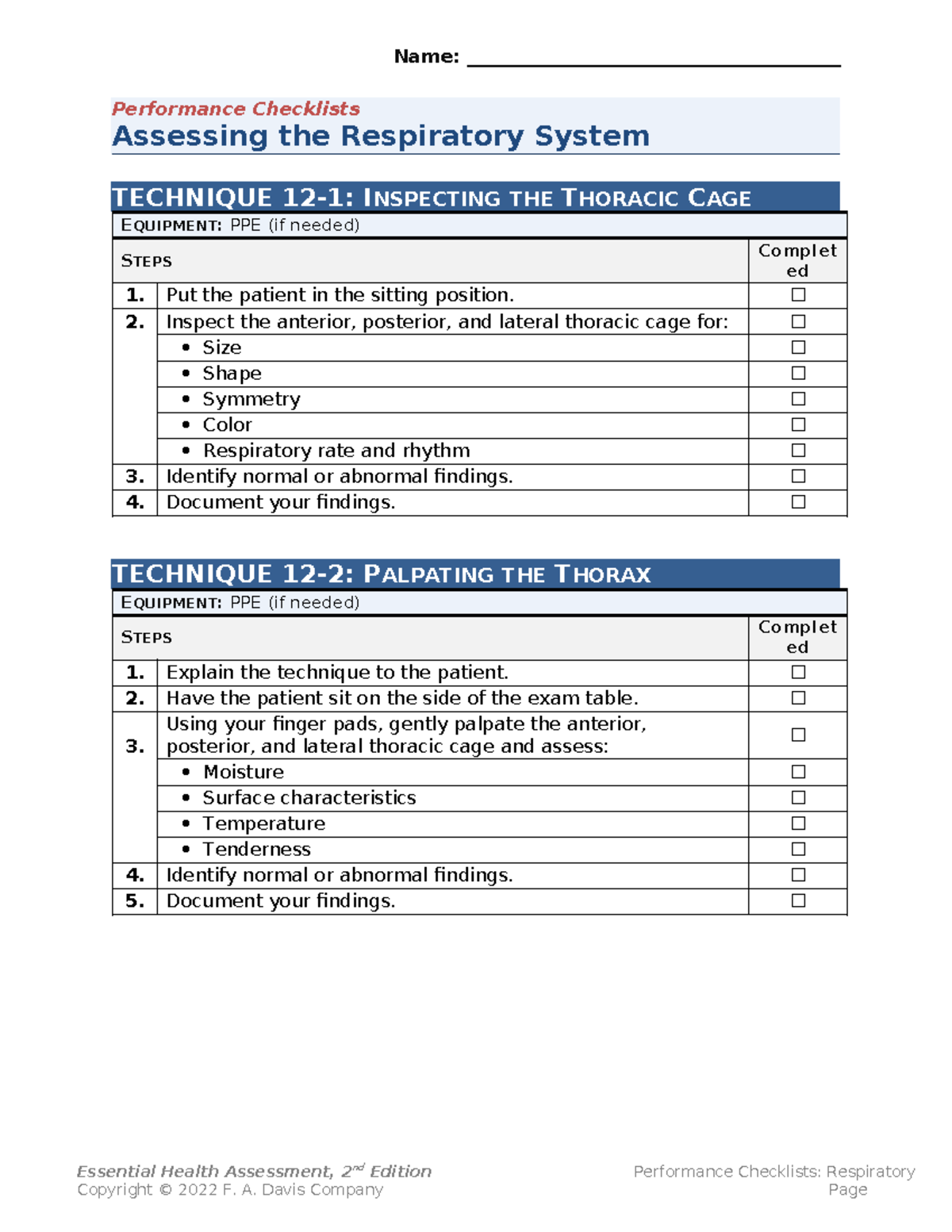 Ch12 Respiratory Performance Checklist: Techniques & Assessments - Studocu