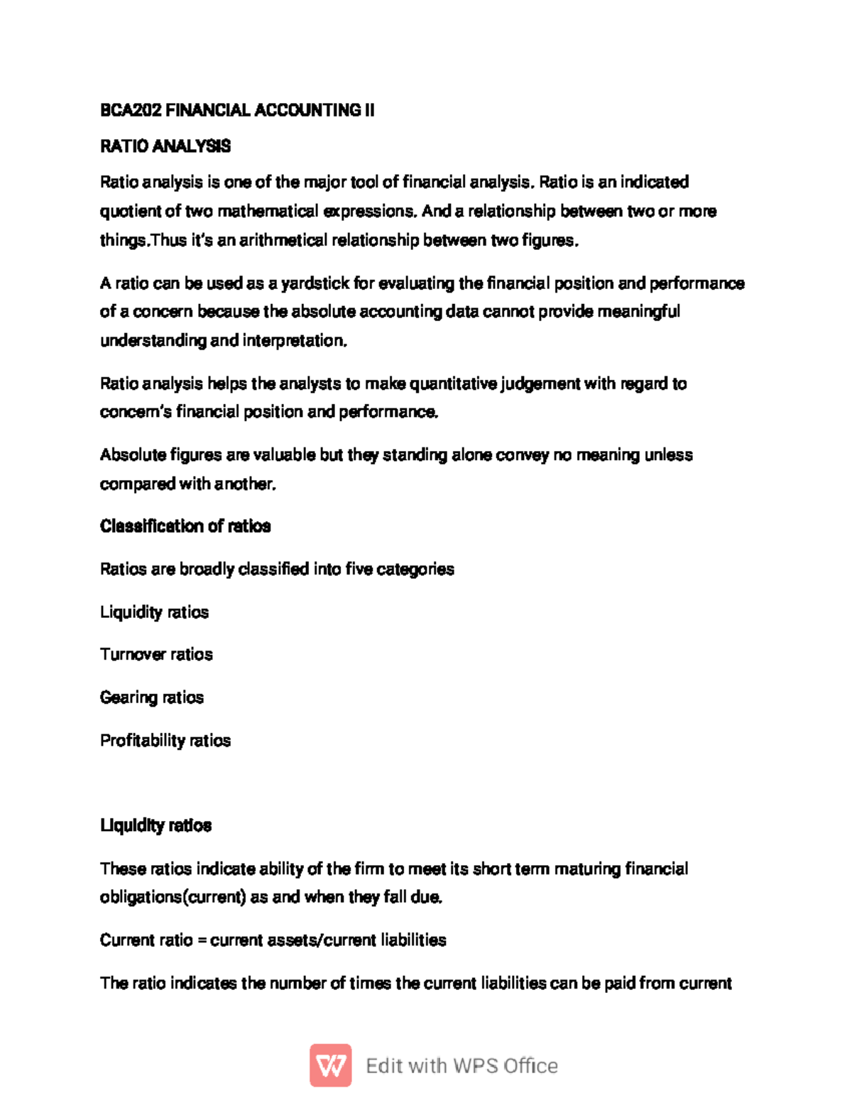 BCA202 Financial Accounting II: Week 8 & 9 Ratio Analysis Notes - Studocu