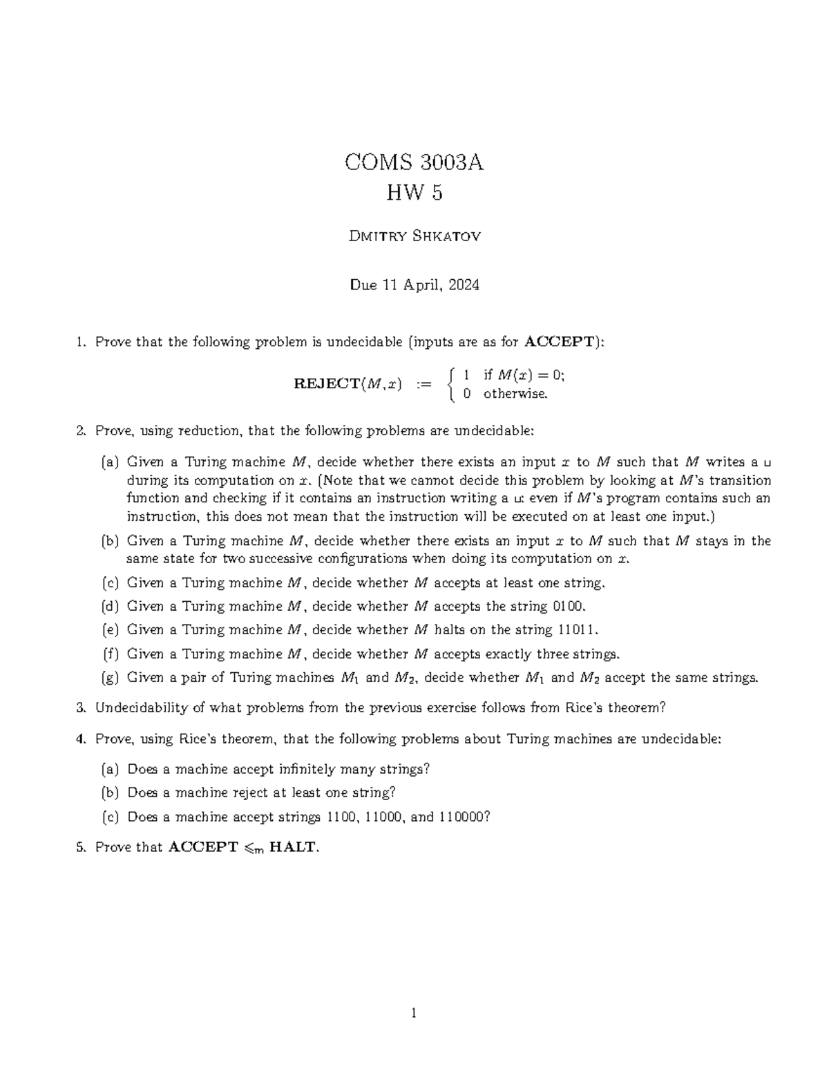 COMS 3003A HW 5: Proving Undecidability of Turing Machine Problems ...