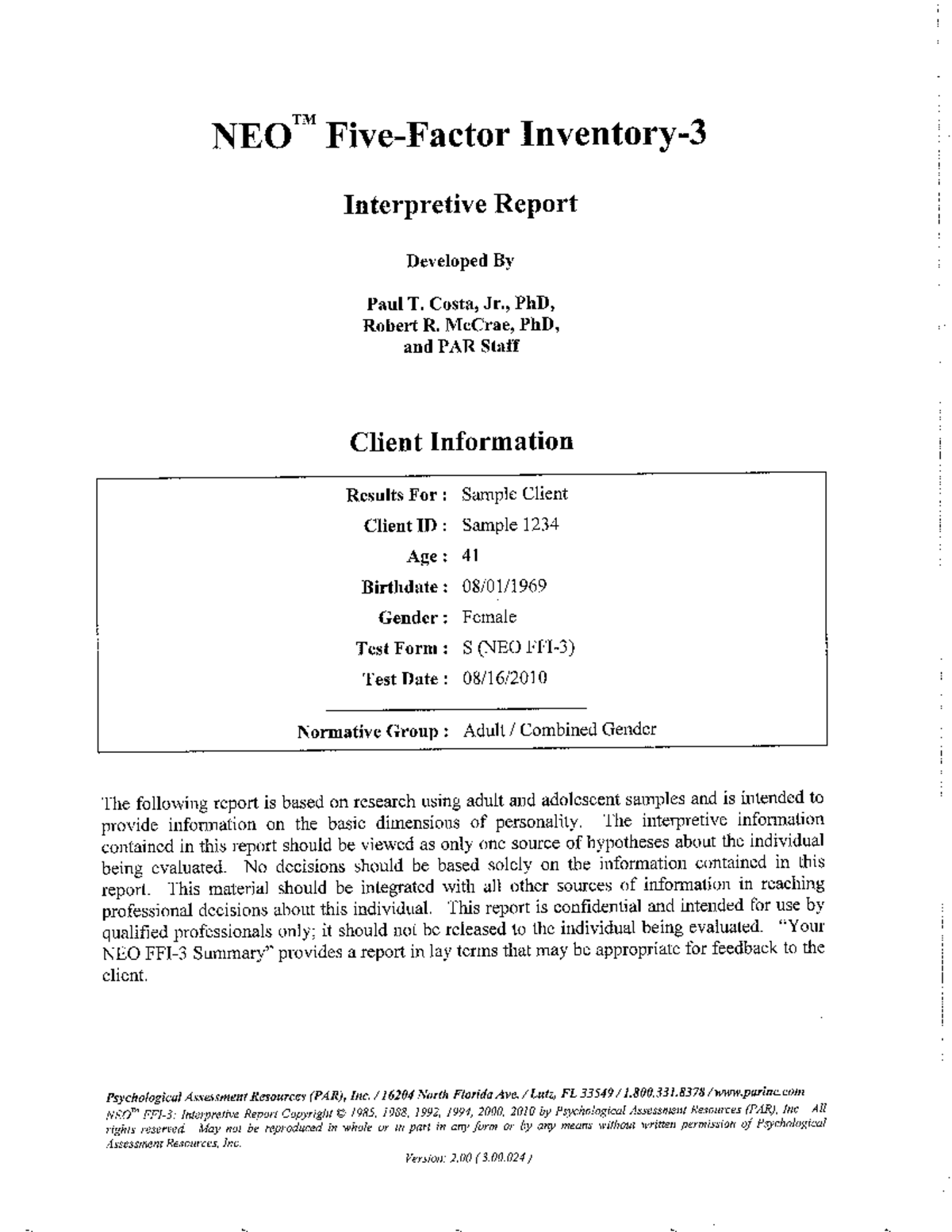 NEO FFI-3 Interpretive Report for Sample Client: Analysis & Insights ...