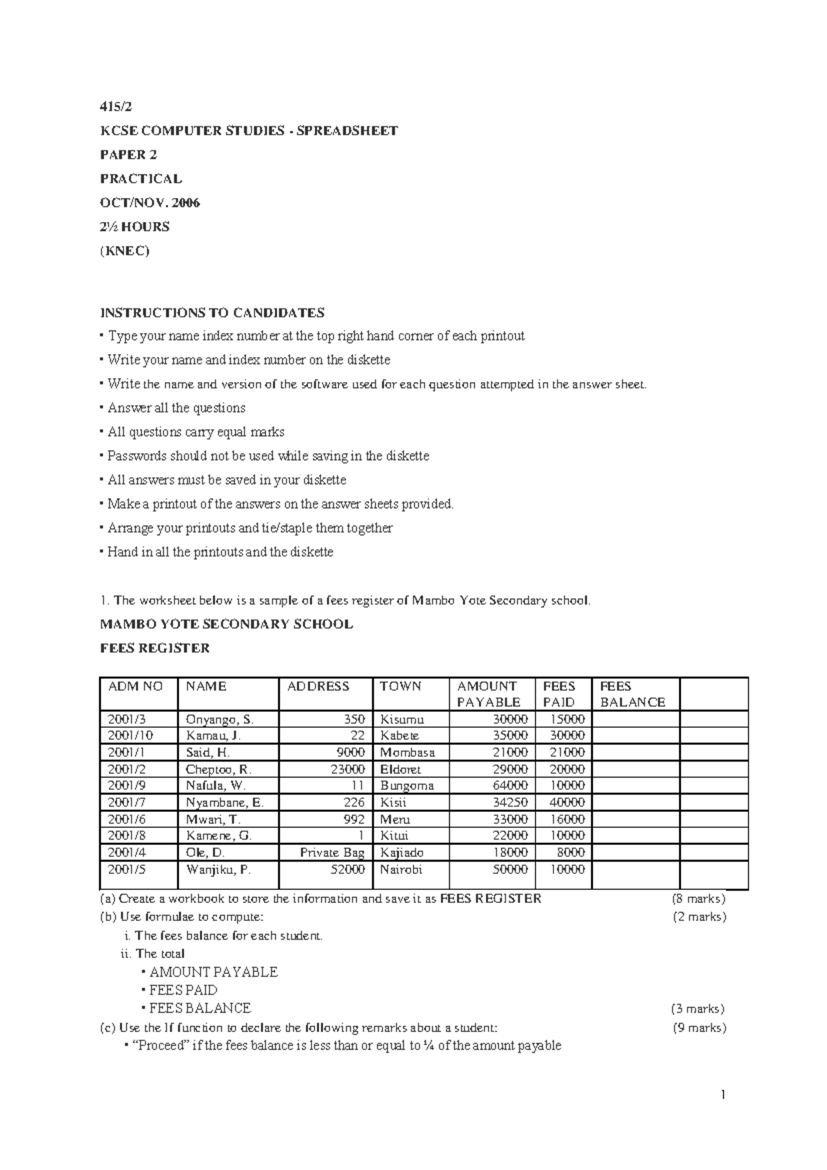 KCSE 681790436 Computer Studies Spreadsheet Practical Guide (2006-2021 ...