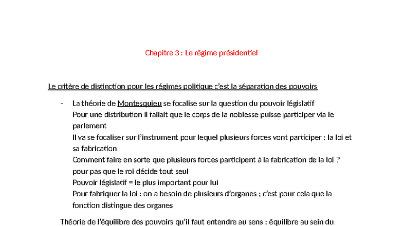 Chapitre 3 : Le Régime Présidentiel en Droit Constitutionnel - Studocu