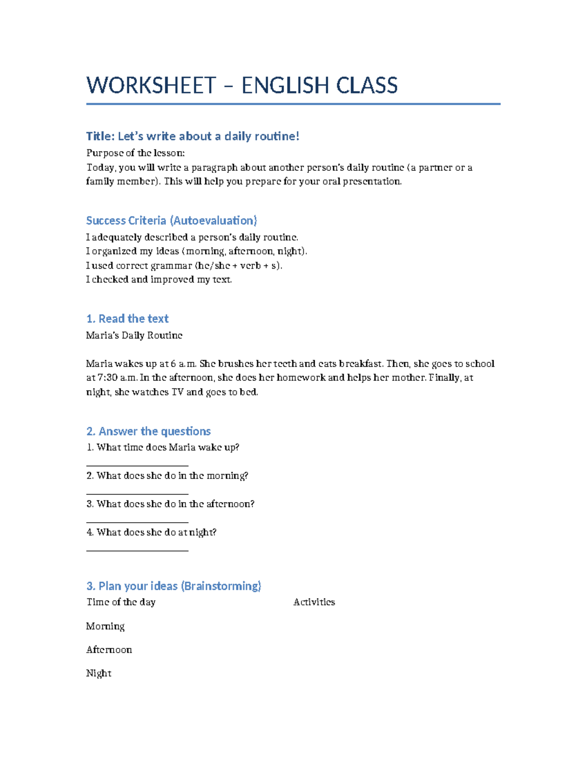 ENGLISH 101: Daily Routine Writing Worksheet - Studocu