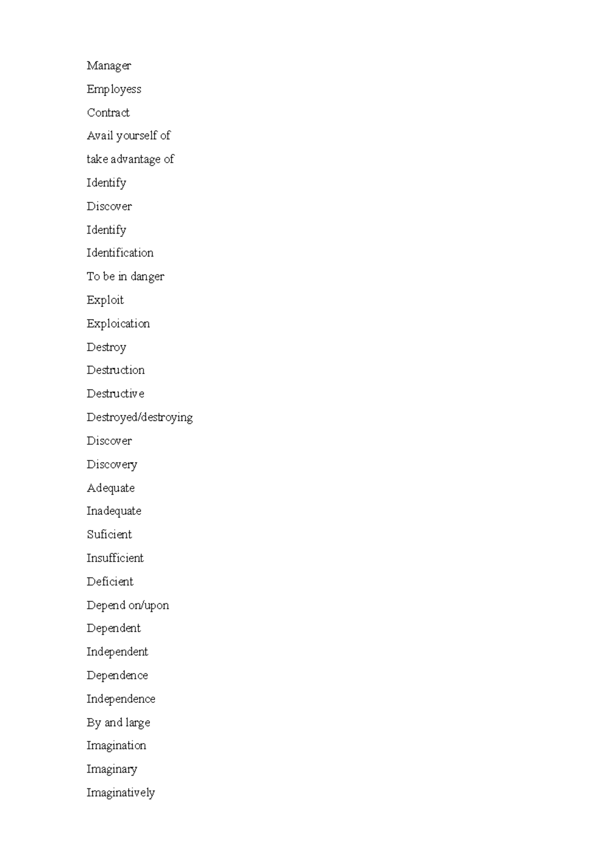 Vocabulary List - Manager Employee Contracts and Related Terms - Studocu