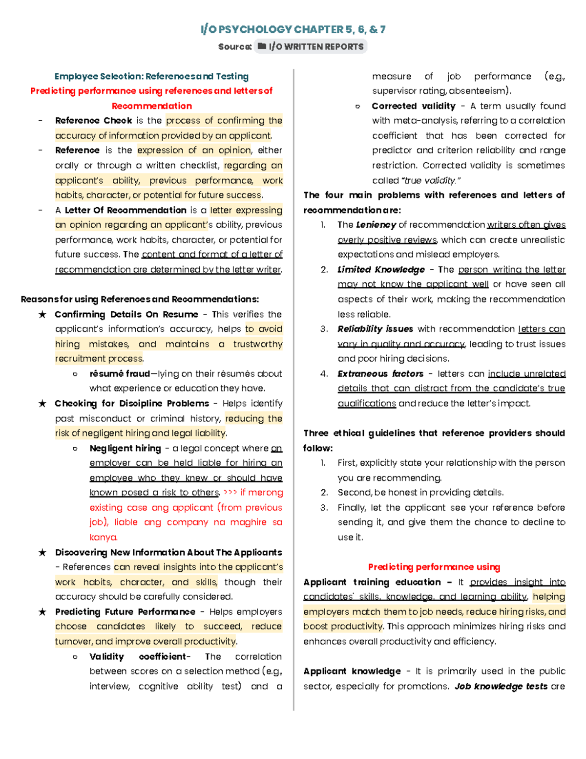 PSYCHOLOGY LECTURE NOTES: Employee Selection, References & Testing (Ch ...