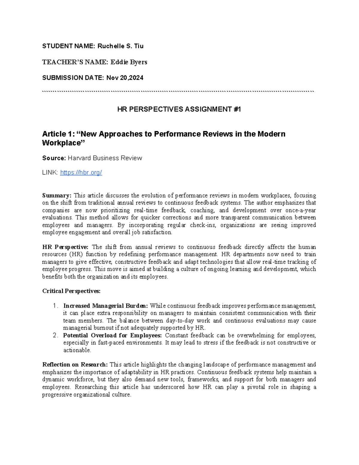Assignment 5 - HR Perspectives on Workplace Practices and Safety - Studocu