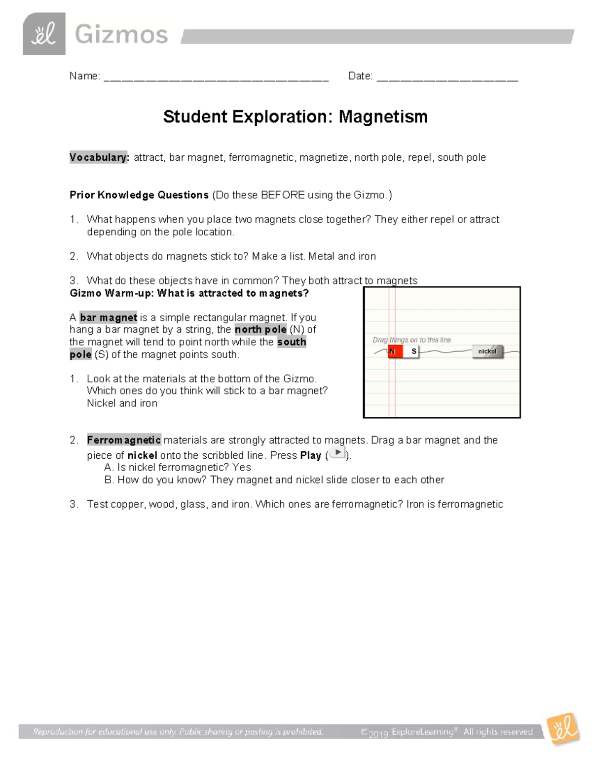 Magnetism Gizmo Worksheet - SCI Exploration and Vocabulary Guide - Studocu