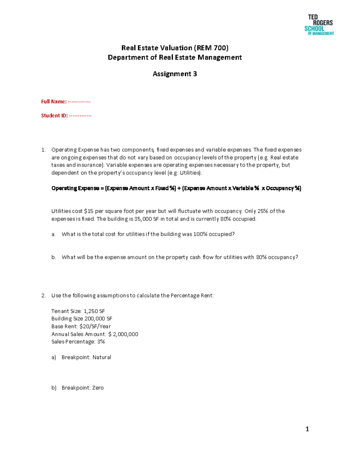 Real Estate Valuation Assignment 3 (REM 700) - Operating Expenses ...