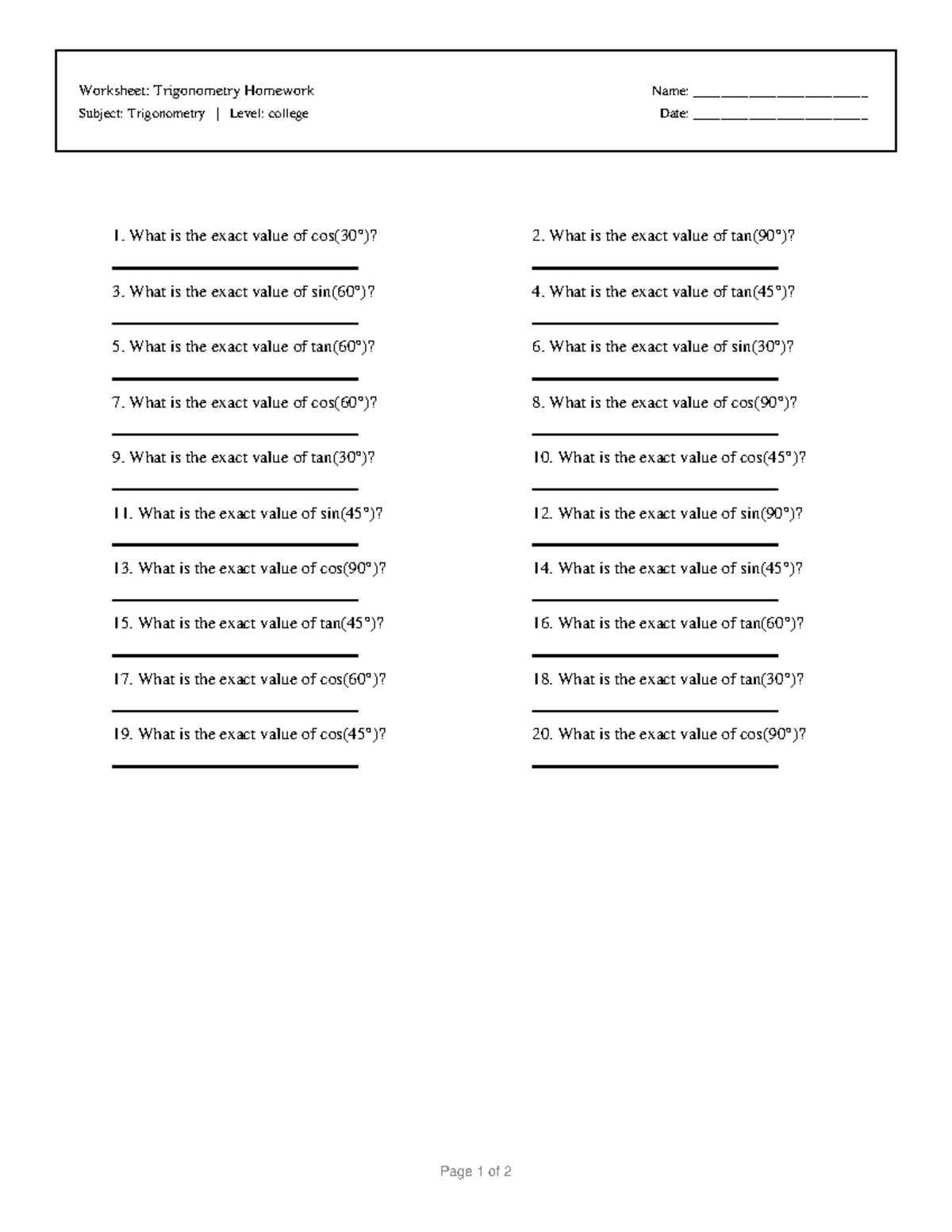Trigonometry Homework Worksheet: Exact Values (College Level) - Studocu