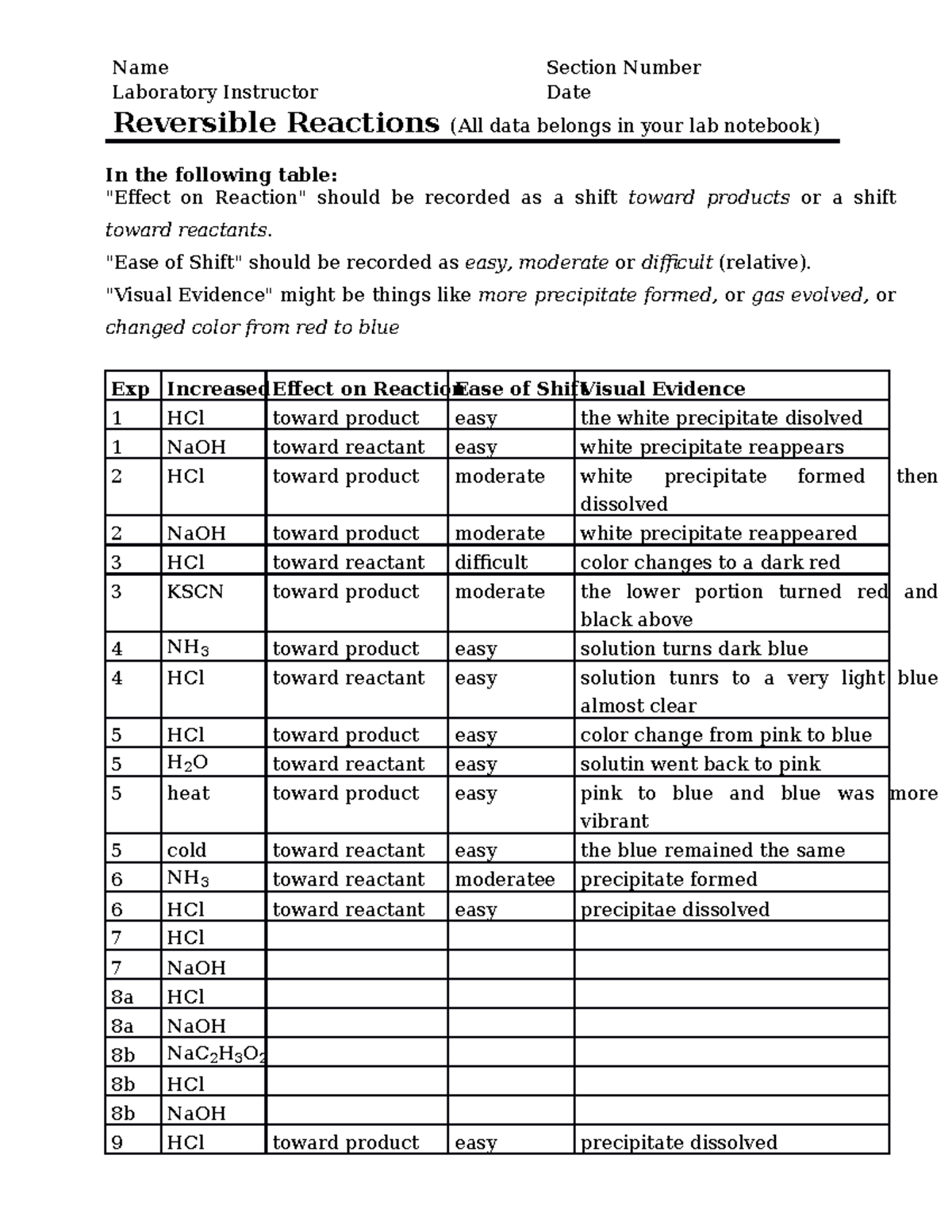 06 - reversible reaction submission sheet - Name Section Number ...