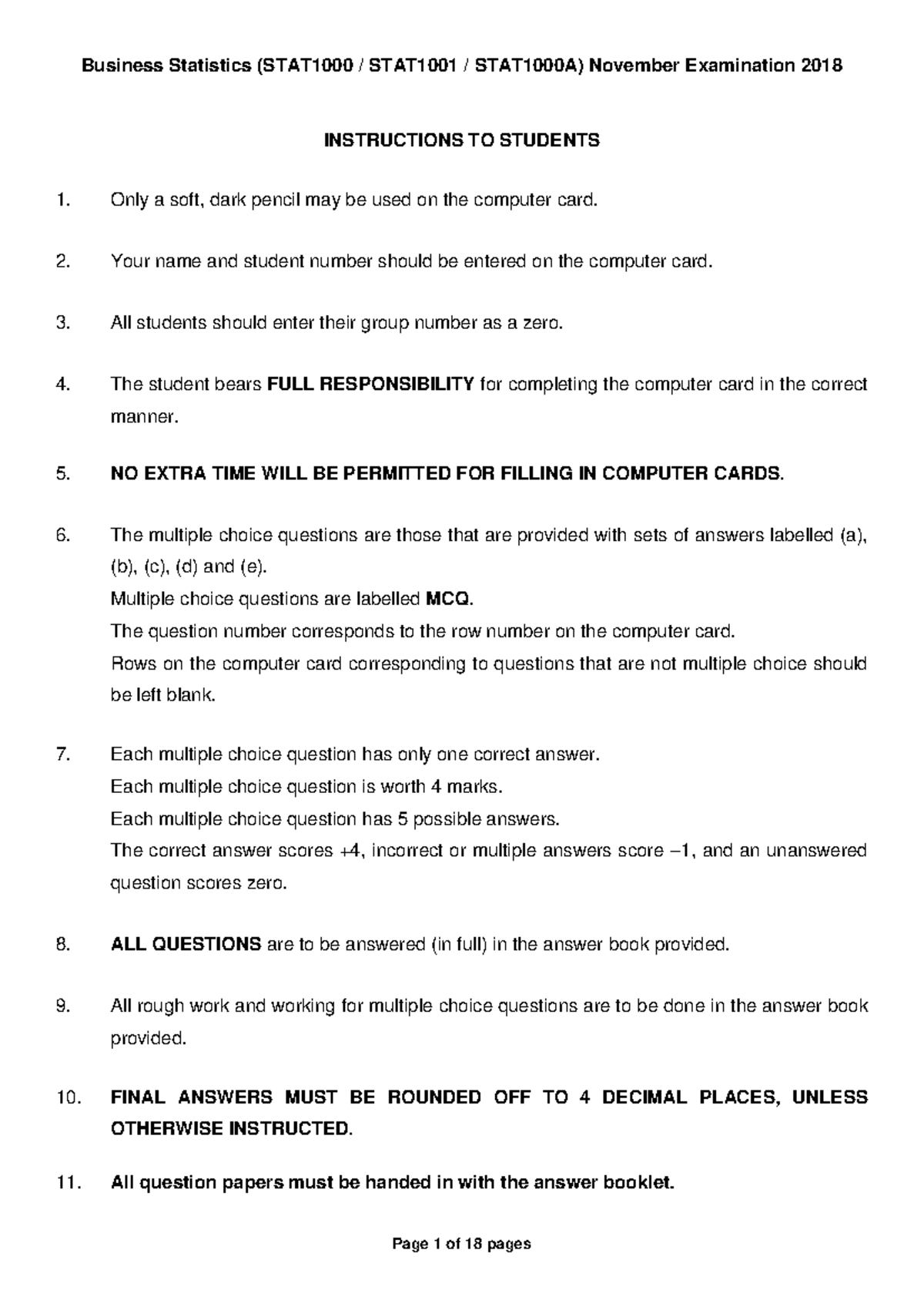 2018 Exam with Memo - Business Statistics Past exam paper ...