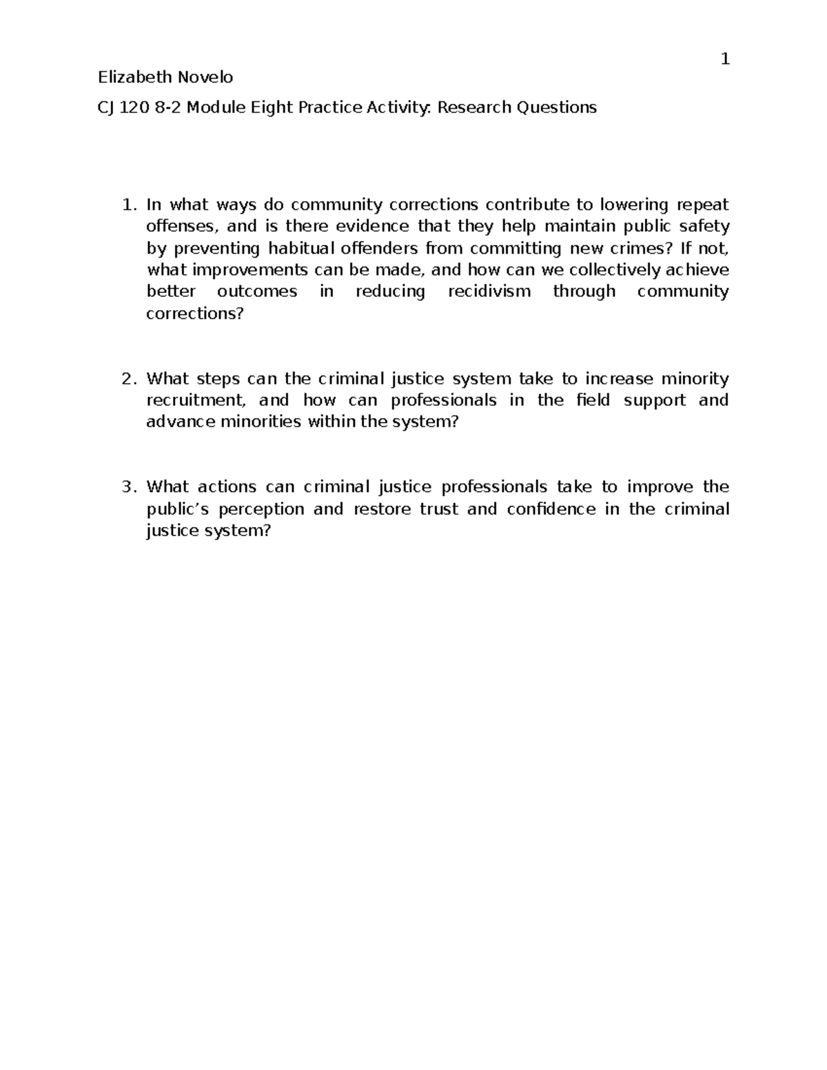 CJ 120 Module 8 Practice Activity: Community Corrections & Justice ...