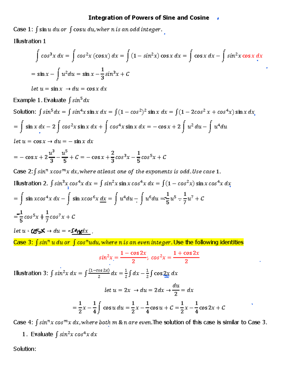 Integration of Powers of Sine and Cosine: Cases and Examples - Studocu
