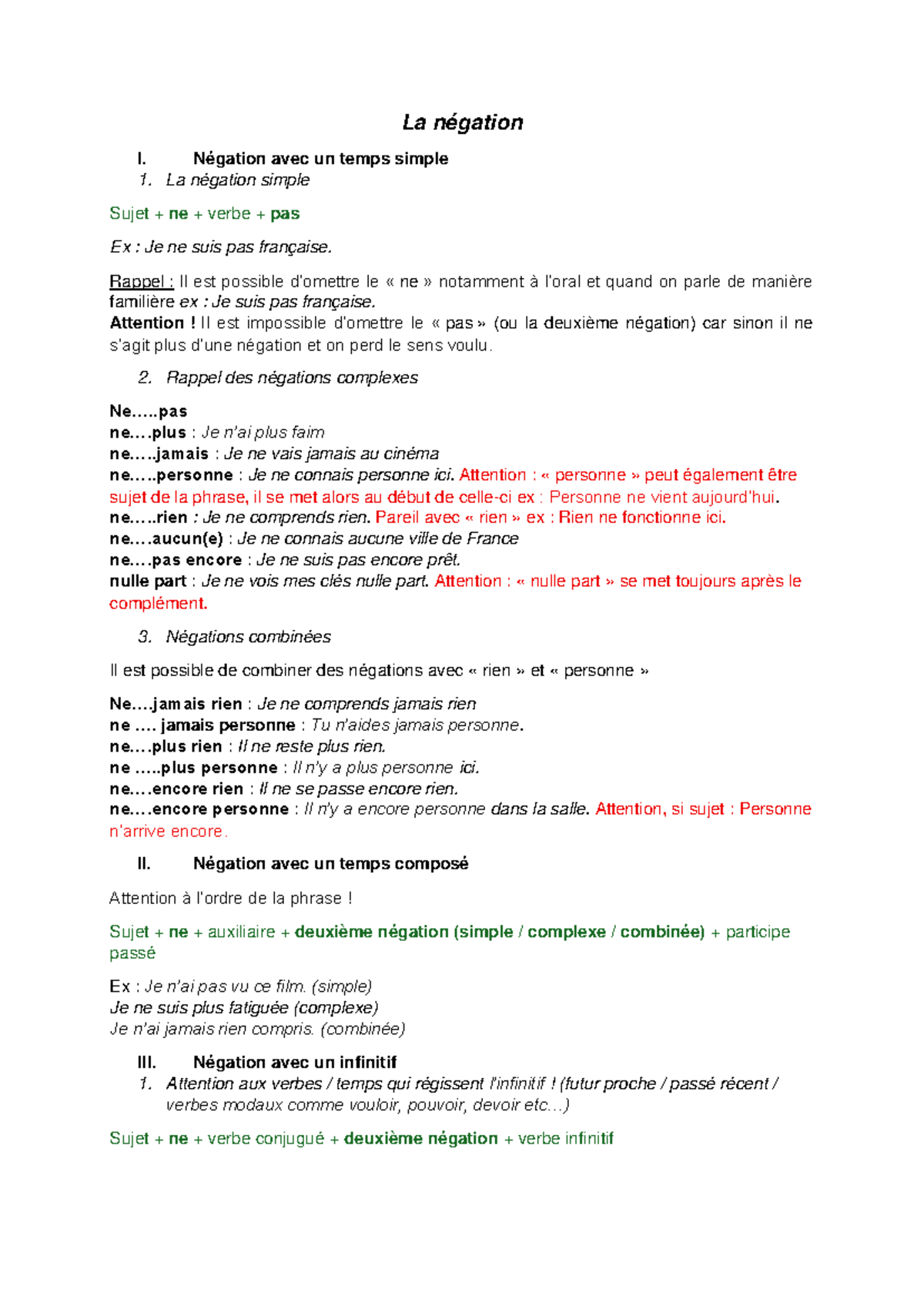 Négation complète - Grammaire (Cours de Français) - Studocu