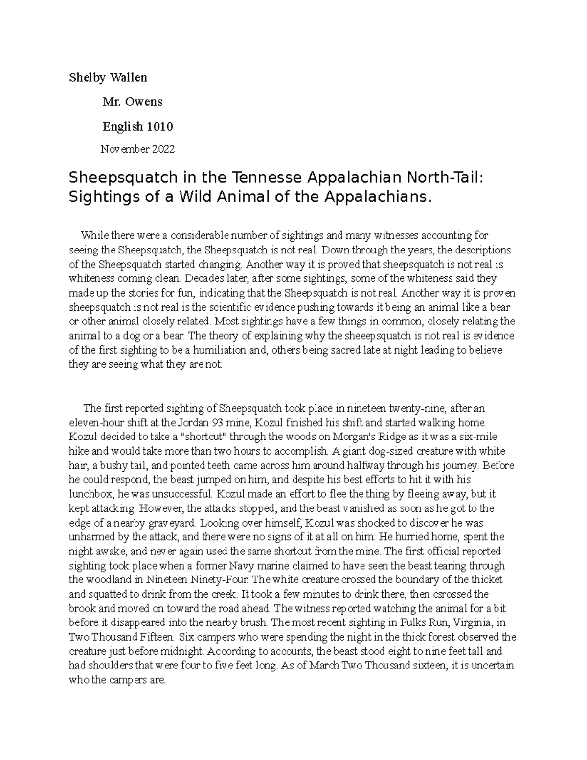English 1010 Essay: Debunking the Myth of Sheepsquatch in TN - Studocu