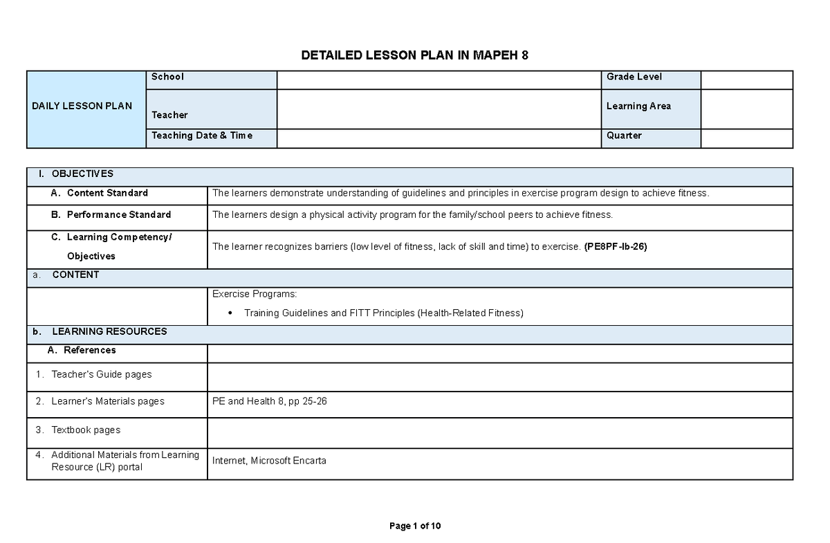 DLP - Mapeh 8 - Detailed Lesson Plan on Fitness and Exercise - Studocu