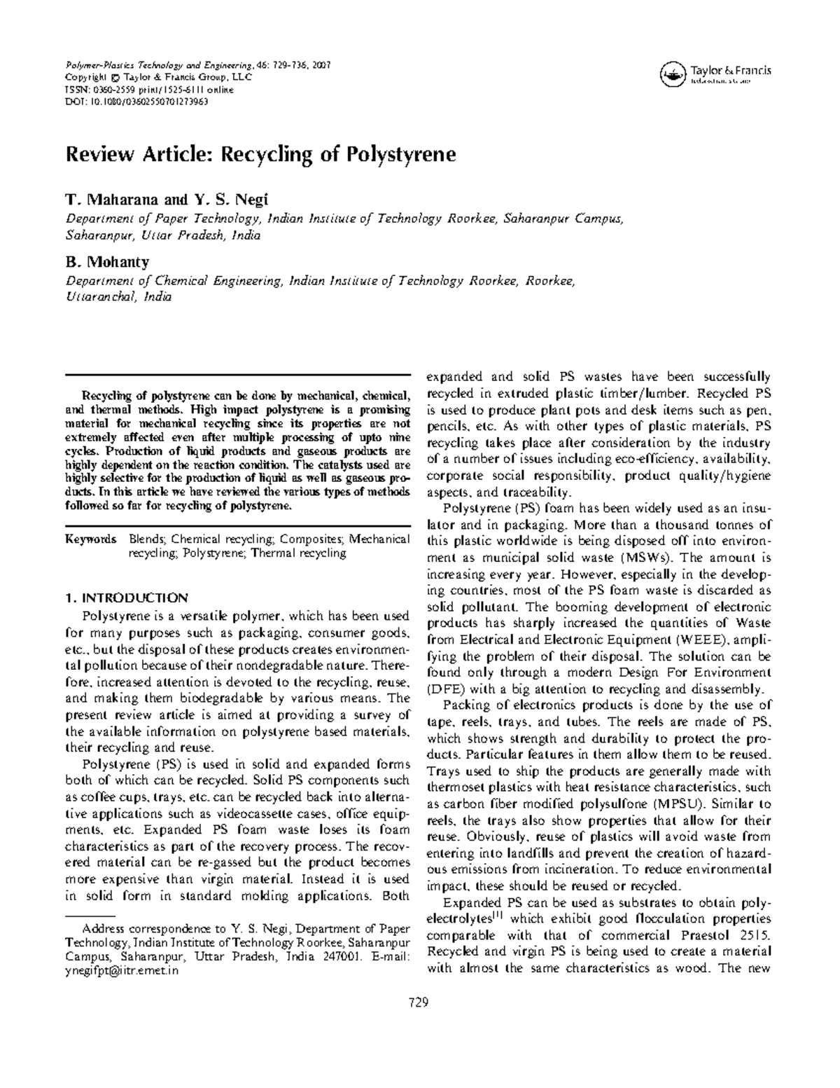 Review Article Recycling of Polystyrene - Maharana and Y. S. Negi ...