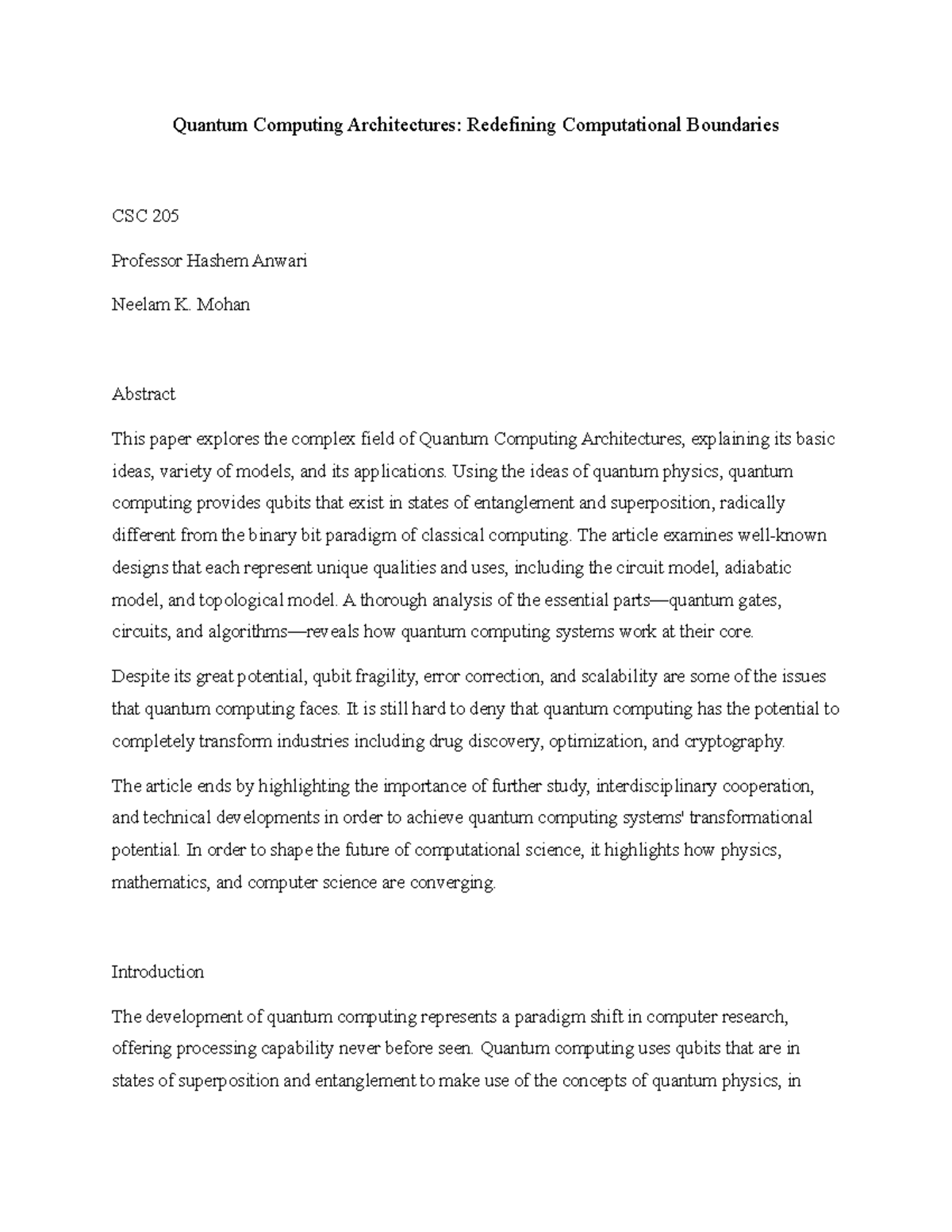 CSC 205 Research Paper: Quantum Computing Architectures Unveiled - Studocu