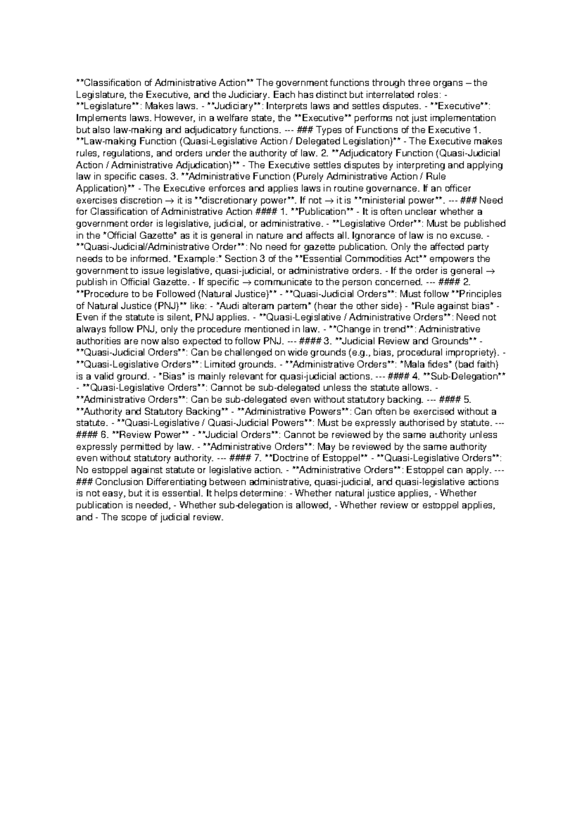 Classification of Administrative Action Notes (Admin Law) - Studocu