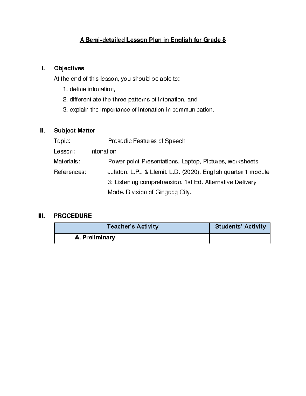 Grade 8 English Semi-Detailed Lesson Plan: Intonation Focus - Studocu