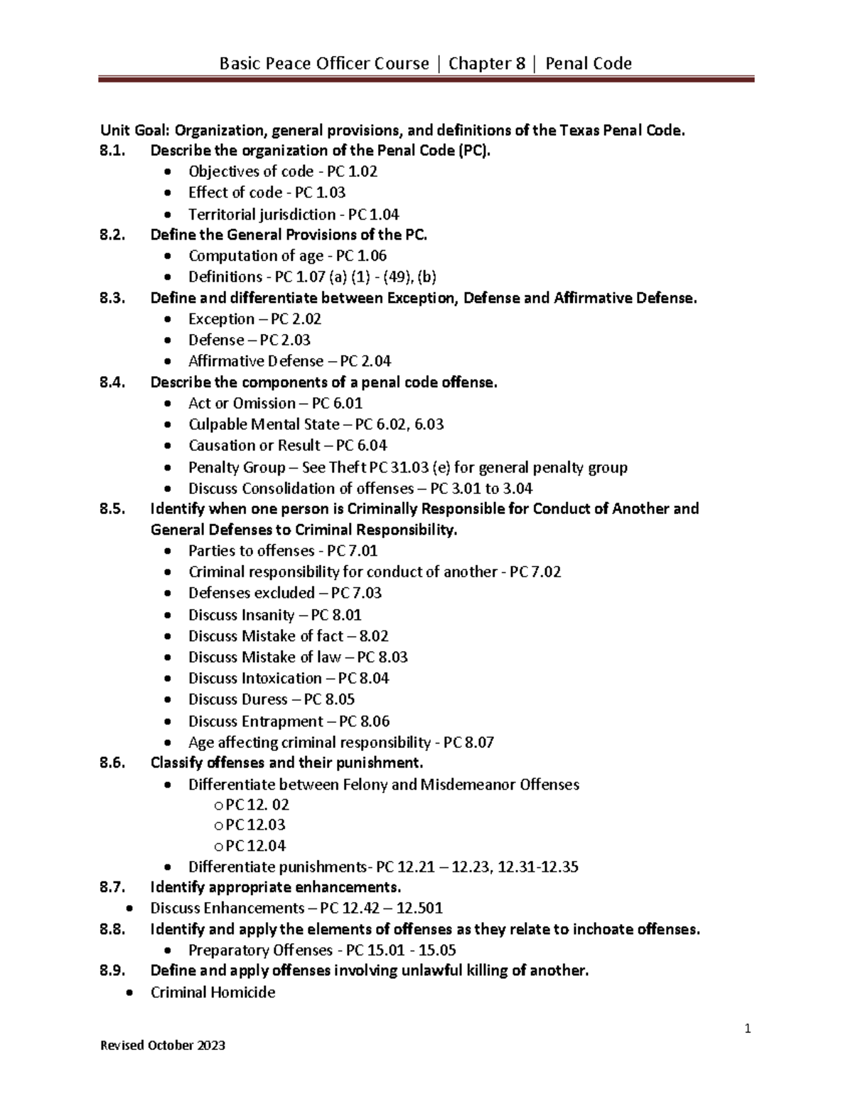 Basic Peace Officer Course: Chapter 8 - Overview of Texas Penal Code ...