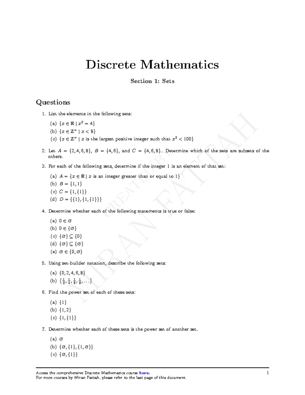 Sets Problem Set for Discrete Mathematics (Course Code: DM101) - Studocu