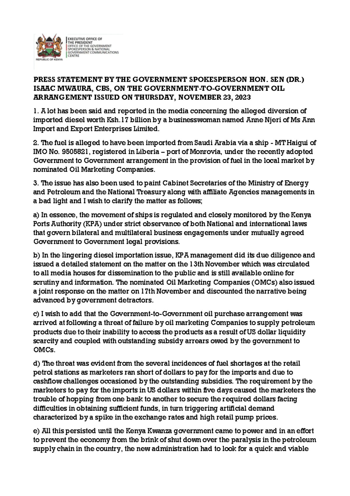 Press Release: Government's Clarification on G2G Oil Deal ...