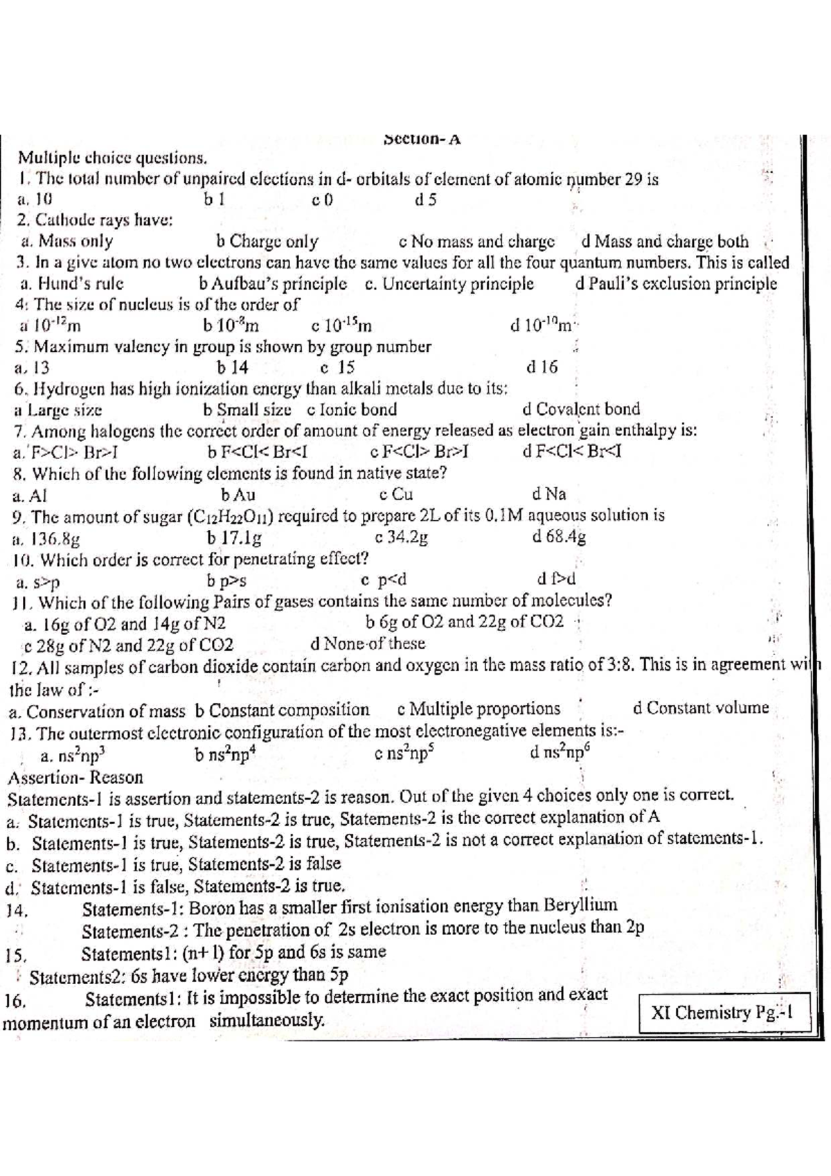 CBSE Chemistry Class 11: Multiple Choice Questions & Case Studies - Studocu