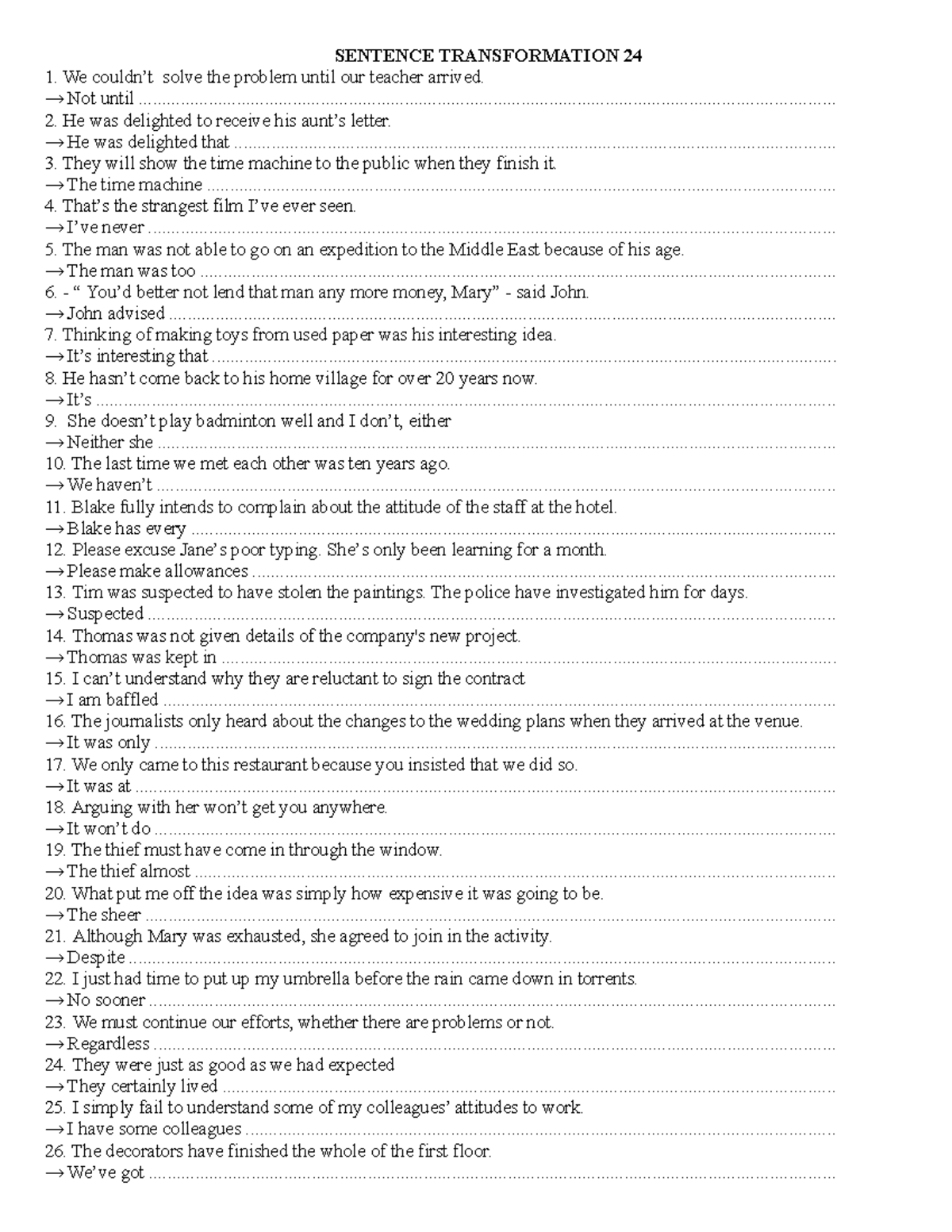 SENTENCE TRANSFORMATION 24: Practice Exercises and Solutions - Studocu