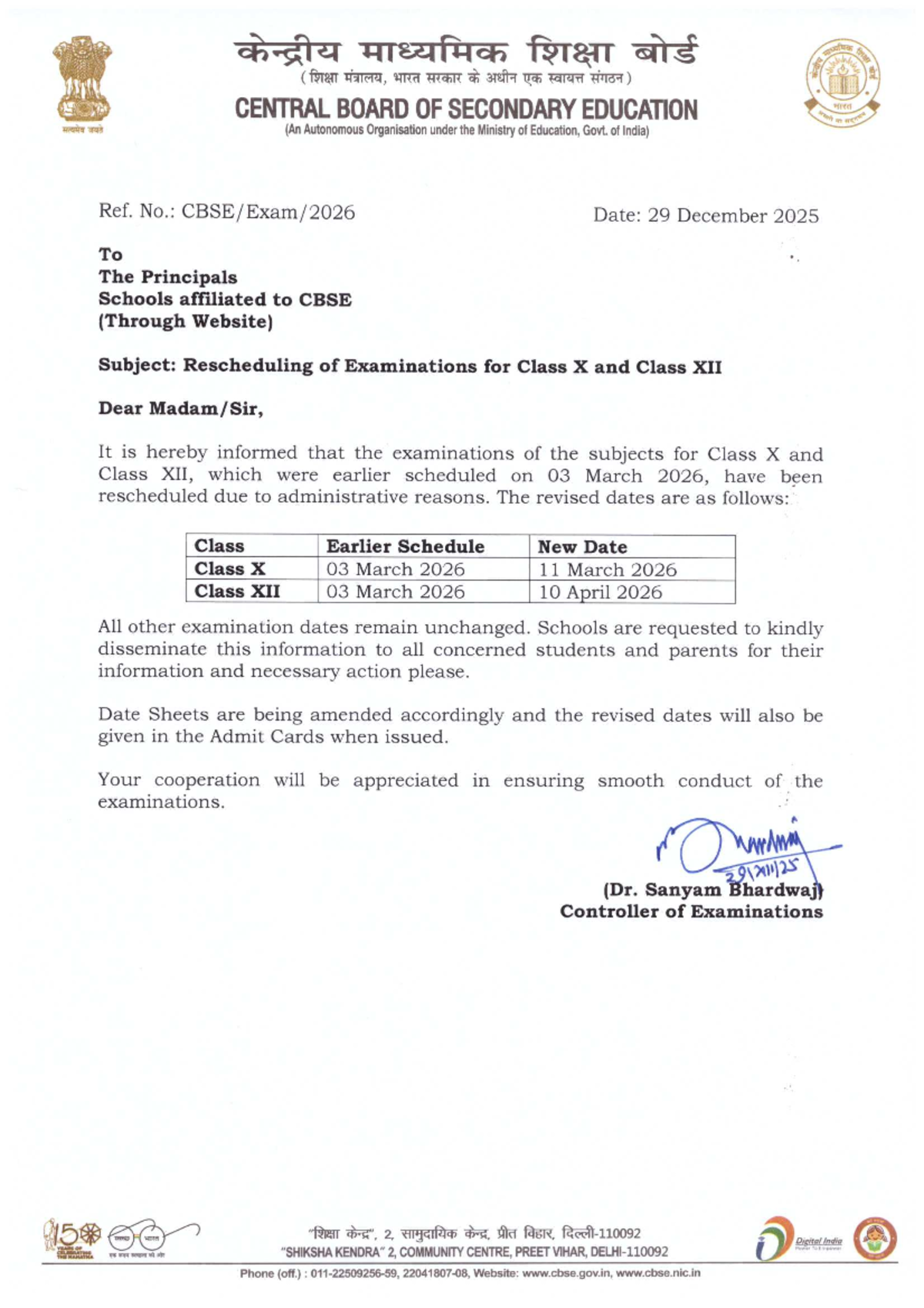 11316 Rescheduling of Class X & XII Exams - CBSE Notice 2025 - Studocu